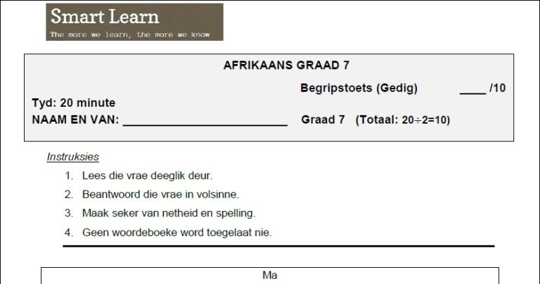 Afrikaans – Graad 7 – Begripstoets (Gedig – Ma)Afrikaans – Graad 7 ...